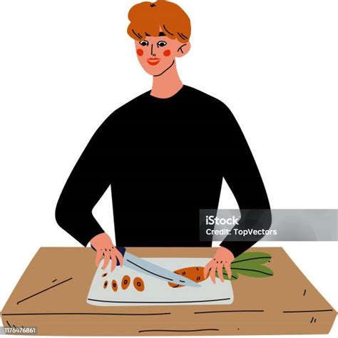 젊은 남자 절단 당근 보드에 남자 요리 부엌 벡터 일러스트 그릇에 대한 스톡 벡터 아트 및 기타 이미지 그릇 남자 당근