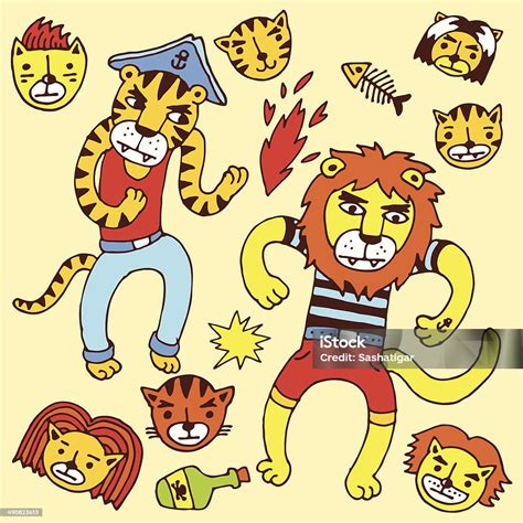 Lion 및 호랑이 해적 벡터 일러스트레이션 갈기에 대한 스톡 벡터 아트 및 기타 이미지 갈기 군복 귀여운 Istock