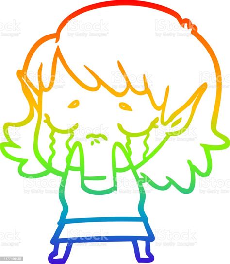 만화 우는 엘프 소녀의 무지개 그라데이션 선 그리기 그라데이션에 대한 스톡 벡터 아트 및 기타 이미지 그라데이션 꼬마 요정