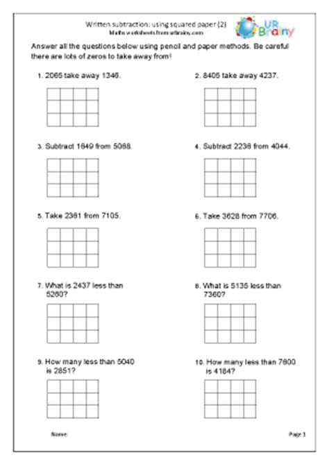 Written Subtraction With Squared Paper 2 Subtraction By URBrainy Com