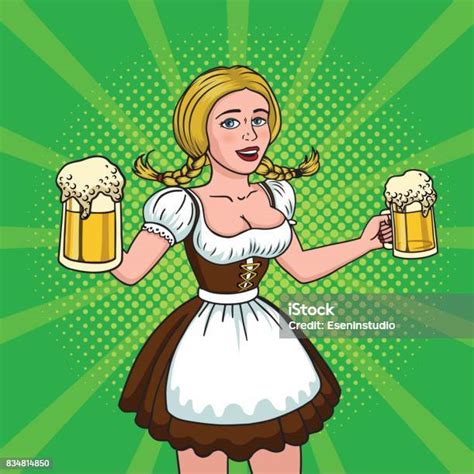 Pirang Cantik Dengan Dua Cangkir Bir Ilustrasi Stok Unduh Gambar