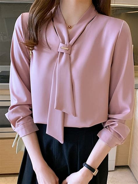 Stylewe Long Sleeve Pink Women Tops Polyester Elegant Tie Neck Elegant Plain Daily Tops