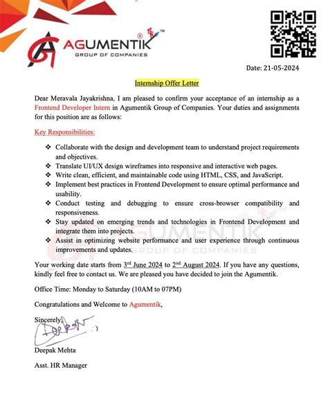 Jaya Krishna On Linkedin Internship Webdevelopment Frontenddeveloper Agumentik Careergrowth