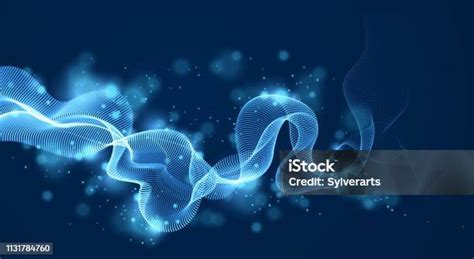 어두운 배경 동적 사운드 웨이브를 통해 흐르는 입자의 배열 3d 벡터 일러스트입니다 둥근 점 아름 다운 편안한 벽지 그림을 빛나는 메쉬 3차원 형태에 대한 스톡 벡터 아트