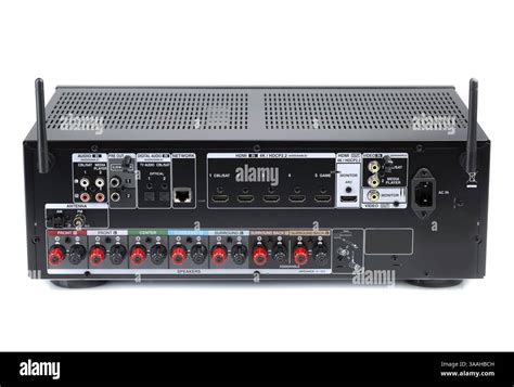 Closeup Of The Back Of An Av Receiver Showing The Speaker Terminals Component Connectors Stock