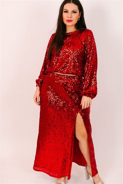 Red Sequin Long Sleeve Crop Top Fringe Co