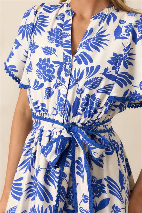 Blue Floral Short Sleeve Midi Dress Casual Dresses Red Dress