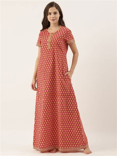 Buy Bannos Swagger Red Printed Maxi Nightdress Nightdress For Women