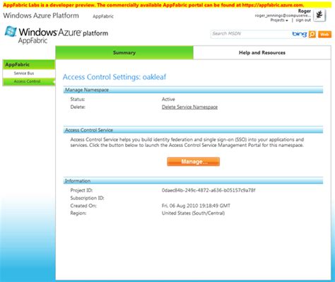 oakleaf systems creating a windows azure appfabric labs account