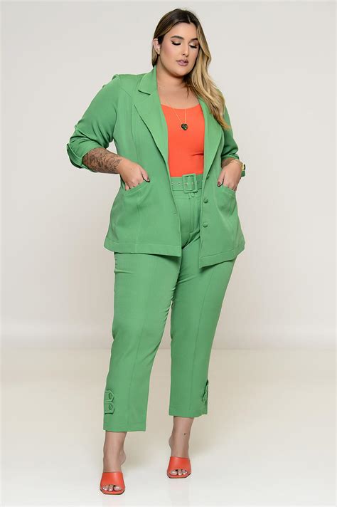 Calça Plus Size Alfaiataria Verde Vk Moda Plus Size