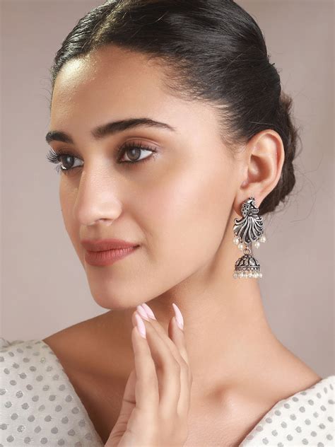 Priyaasi Peacock Pearl Oxidised Silver Jhumka Earrings