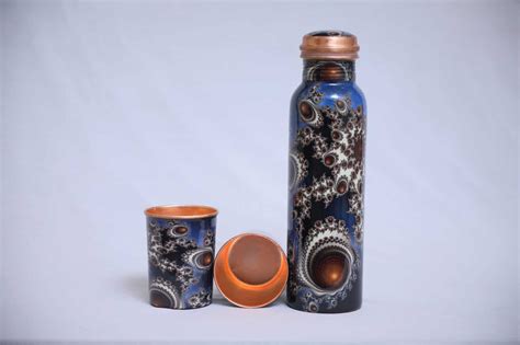 Set Of Blue Enamel Printed Copper Bottle 950ml And 2 Copper Glasses