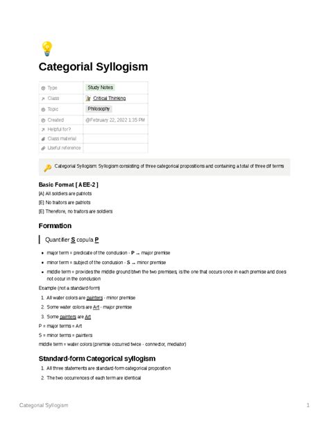 Categorial Syllogism This Note Is For The Logic Class Philosophy
