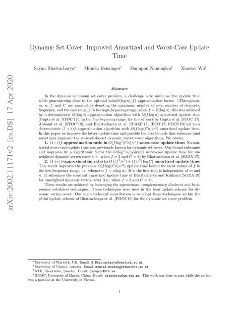 Pdf An Improved Algorithm For Dynamic Set Cover