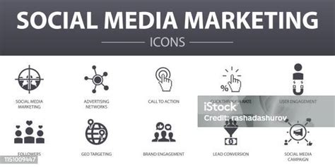 소셜 미디어 마케팅 간단한 개념 아이콘 설정 합니다 사용자 참여 팔로 워 행동 유도 리드 전환 등의 아이콘이 포함 되어 웹 로고 Ui Ux에 사용할 수 있습니다 0명에 대한
