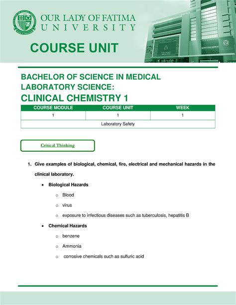 CHEM LAB Course Unit BACHELOR OF SCIENCE IN MEDICAL LABORATORY SCIENCE CLINICAL