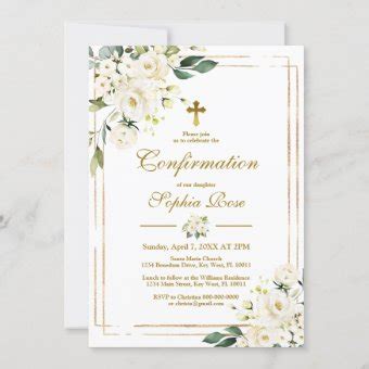 White Flowers Gold Frame Girl Confirmation Invitation Zazzle