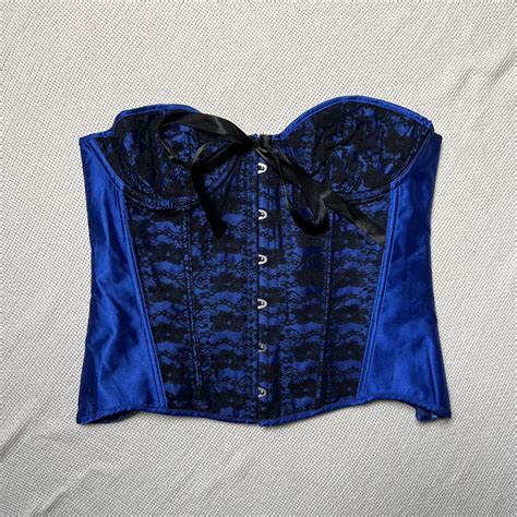 Royal Blue Corset Top With Black Lace Front Design Depop