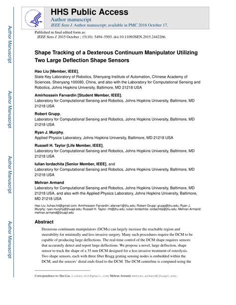 Pdf Shape Tracking Of A Dexterous Continuum Manipulator Utilizing Two Large Deflection Shape
