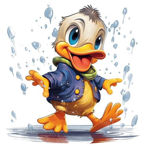 A Cartoon Duck Wearing A Blue Jacket And Green Scarf Is Dancing In The Rain With Water Droplets