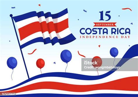 9월 15일 코스타리카의 행복한 독립 기념일 벡터 일러스트레이션은 손으로 그린 템플릿에 깃발 배경과 색종이를 흔들고 있다