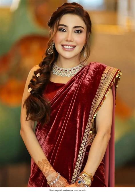 Buy Bollywood Model Velvet Embroidery Work Maroon Color Saree In Uk