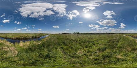 Spherical 360 Hdri Panorama Among Green Grass Farming Field Near