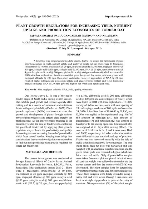 Pdf Plant Growth Regulators For Increasing Yield Nutrient Uptake And Production Economics Of