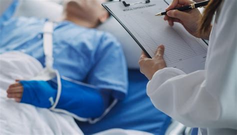 Homem braço quebrado engessado deitado na cama no hospital o
