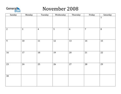 November 2008 Calendar PDF Word Excel