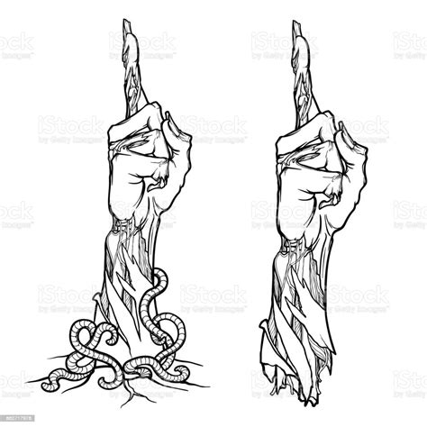 좀비 신체 언어입니다 손가락 가리키는 생생한 묘사는 썩 어 뼈 튀어나온 비정형된 피부와 플래시 그리고 손톱에 금이 선형 그리기에 고립 된 흰색 배경 그린 가리키기에 대한