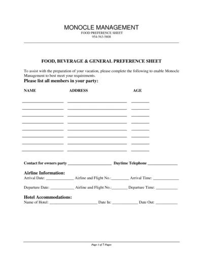 Preference Sheet Template