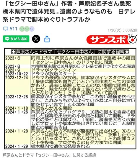 【訃報】『セクシー田中さん』『砂時計』原作・芦原妃名子氏50死去栃木川治ダムで自殺と見られる ★36 おっさん友の会★