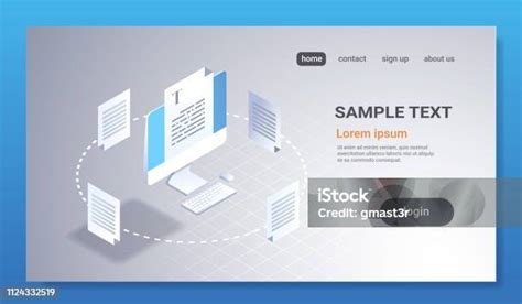 카피 라이팅 개념 문서 텍스트 문서 컴퓨터 모니터 화면 3d 아이소메트릭 프리랜서 저널리스트 직장 웹 페이지 콘텐츠 관리 평면 수평 복사 공간 3차원 형태에 대한 스톡 벡터