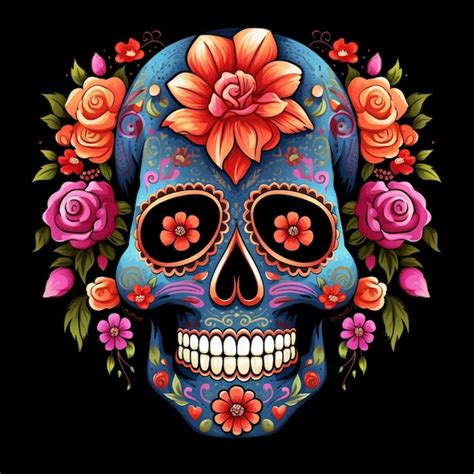Premium Ai Image Brightly Colored Sugar Skull With Flowers And Vines