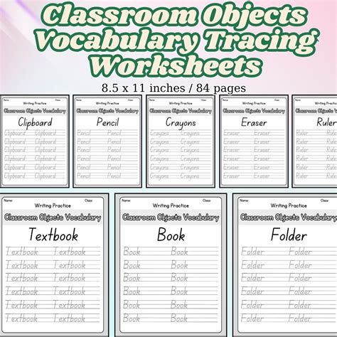Classroom Objects Vocabulary Tracing Worksheets Printable Pdf For