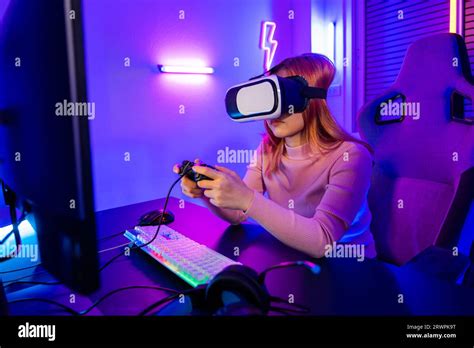 Gamer In Vr Headset Glasses Exploring Metaverse Play Video Game Online
