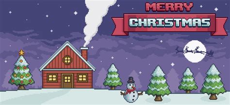 Pixel Art Christmas Landscape At Night With Red House Christmas Tree