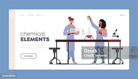 화학 요소 방문 페이지 템플릿 과학 실험실에서 코트 행동 실험의 과학자 여성 문자 개념에 대한 스톡 벡터 아트 및 기타 이미지 개념 건강관리와 의술 과학 Istock