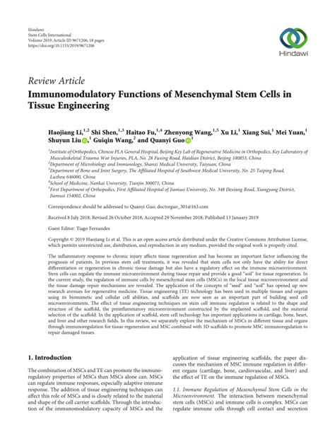 Pdf Immunomodulatory Functions Of Mesenchymal Stem Cells In Tissue