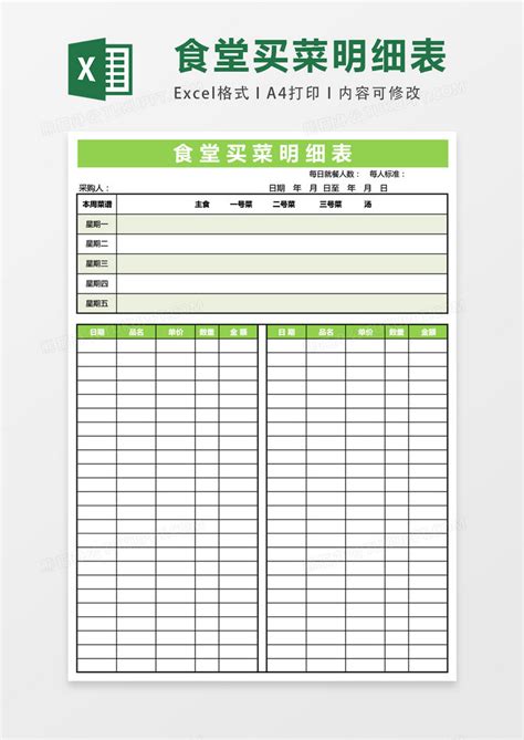 食堂买菜明细表格表格excel模板下载熊猫办公