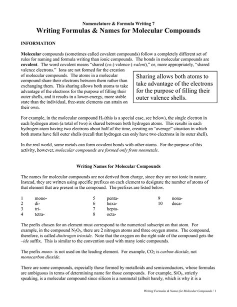 Naming Molecular Compounds Worksheet E Streetlight Com