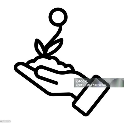손 라인 아이콘에 흙이 있는 꽃 묘목 자연 개념을 저장하고 토양에 꽃을 피우고 흰색 배경에 손으로 서명하고 자연 손 아이콘 개요 스타일을 돌본다 벡터 그래픽 0명에 대한