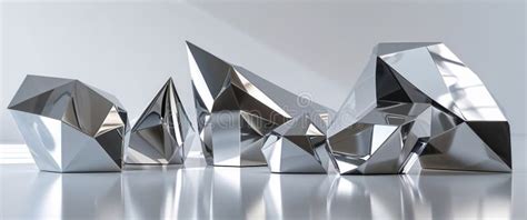Futuristic Metallic Abstract Sculptures With Faceted Polygonal Shapes And High Gloss Mirror Like
