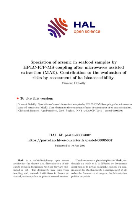 Pdf Speciation Of Arsenic In Seafood Samples By Hplc Icp Ms Coupling