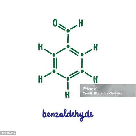 벤즈알데히드 손으로 그린 벡터 수식 화학 구조 레터링 블루 그린 새콤한 맛에 대한 스톡 벡터 아트 및 기타 이미지 새콤한 맛 아몬드 건강관리와 의술 Istock