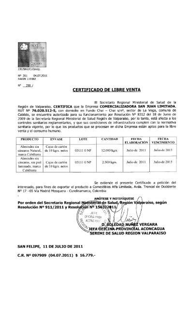 Certificado De Libre Venta Ssrv