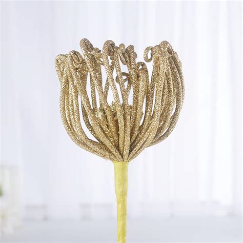 Gold Glittered Artificial Fuji Mum Stem Picks Sprays Florals Craft Supplies Factory