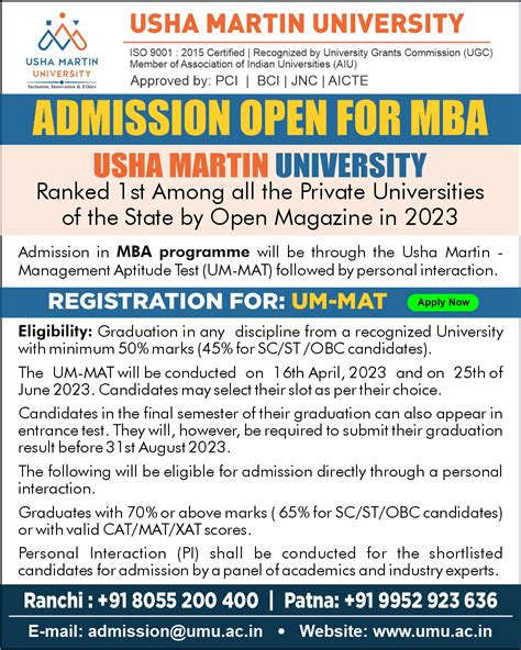 Admission Open For Mba Course At Top University In Ranchi Umu