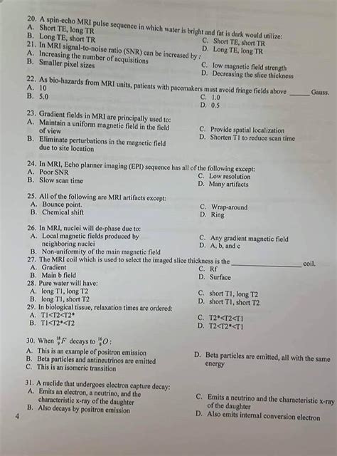 solved 20 a spin echo mri pulse sequence in which water is